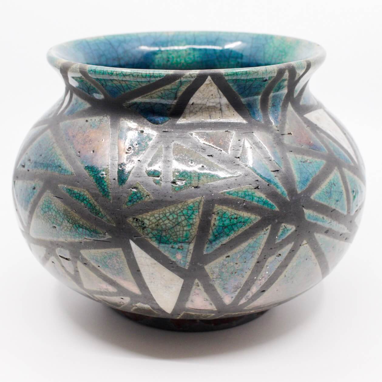 große Raku Design Vase mit geometrischem Muster