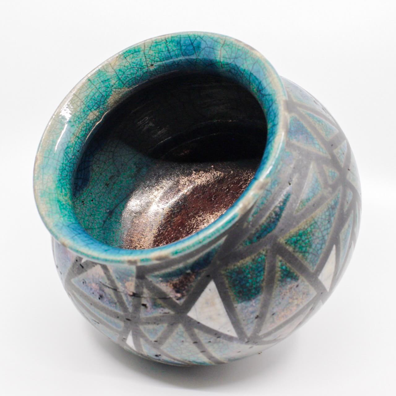 große Raku Design Vase mit geometrischem Muster