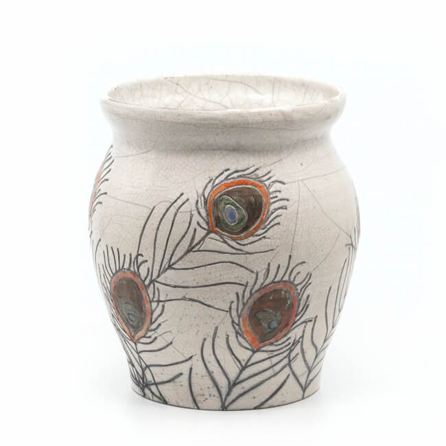 Large Raku Design Vase with peacock feathers